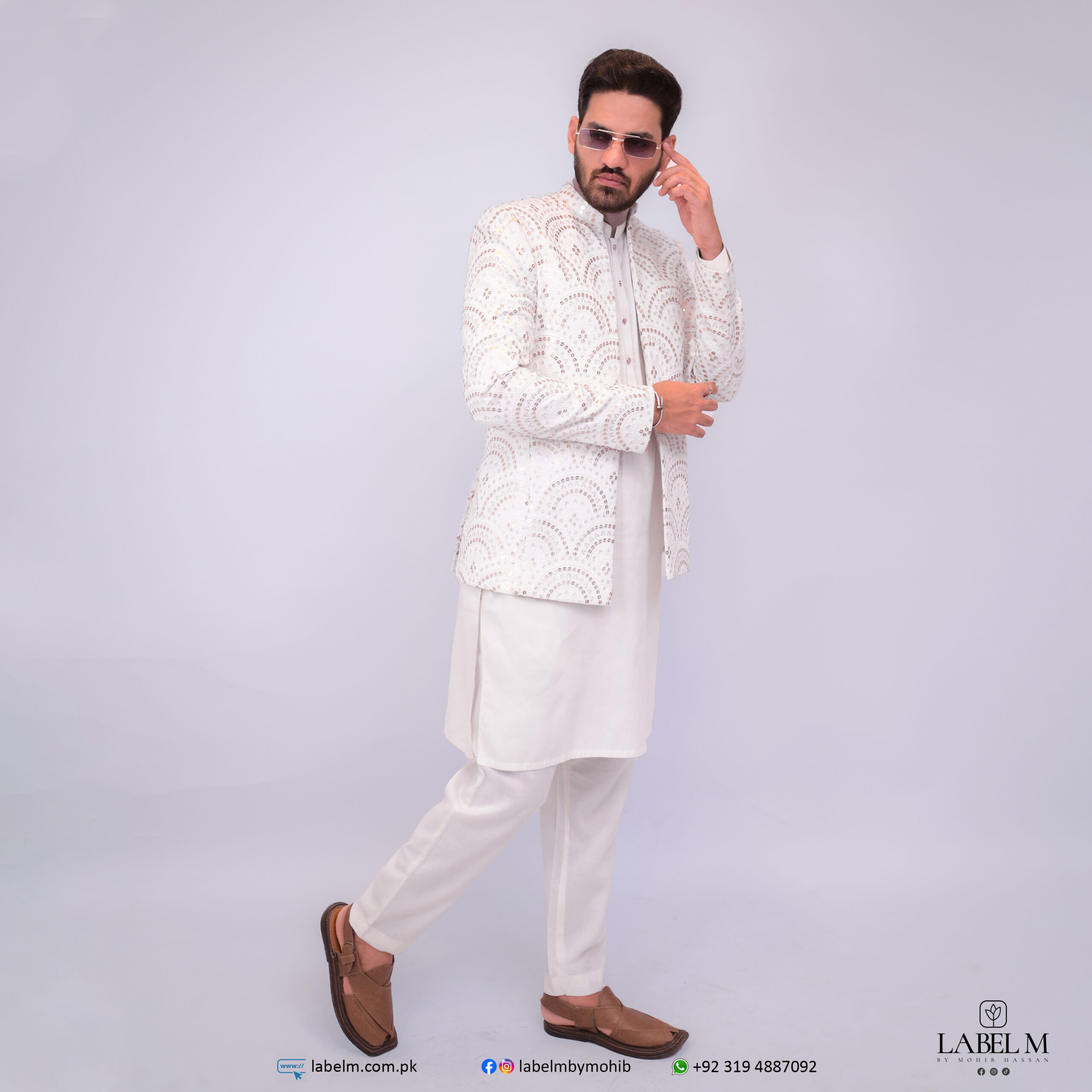 Off White Embroidered Golden Sequins Prince Coat | Label M