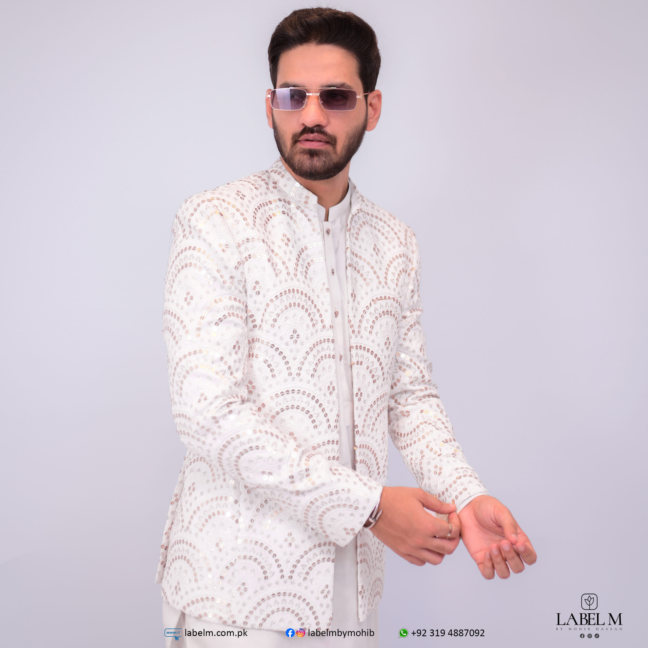 Off White Embroidered Golden Sequins Prince Coat | Label M